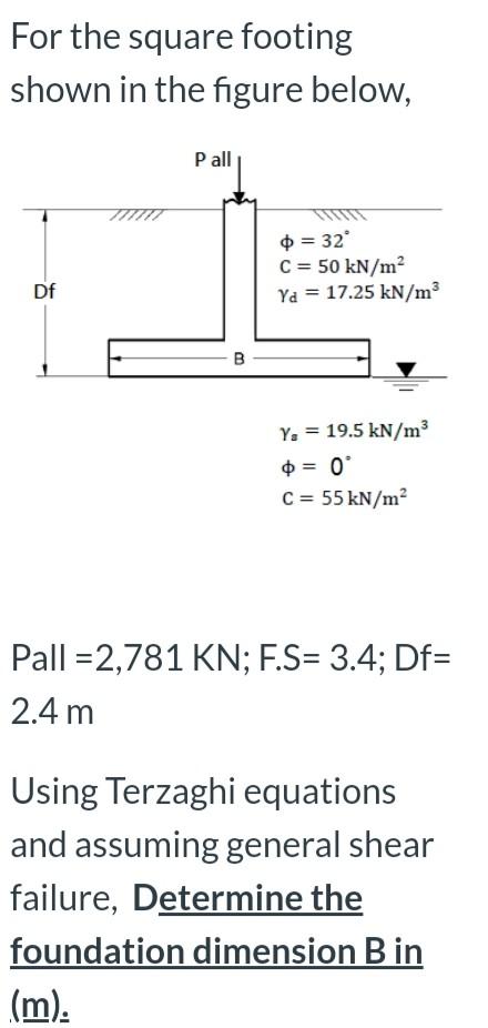 Solved For the square footing shown in the figure below, | Chegg.com