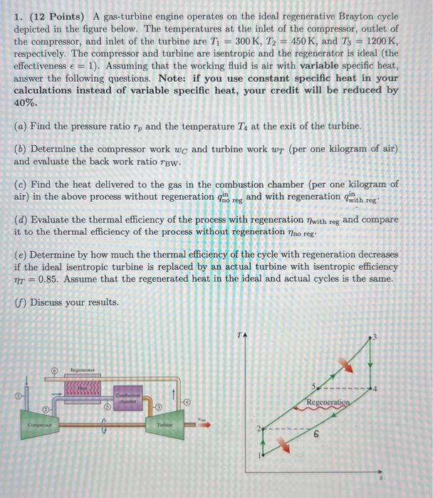 Solved 1. (12 Points) A gas-turbine engine operates on the | Chegg.com