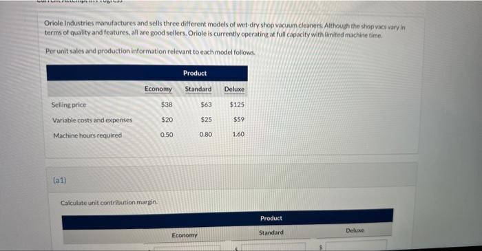 Solved Oriole Industries manufactures and sells three | Chegg.com