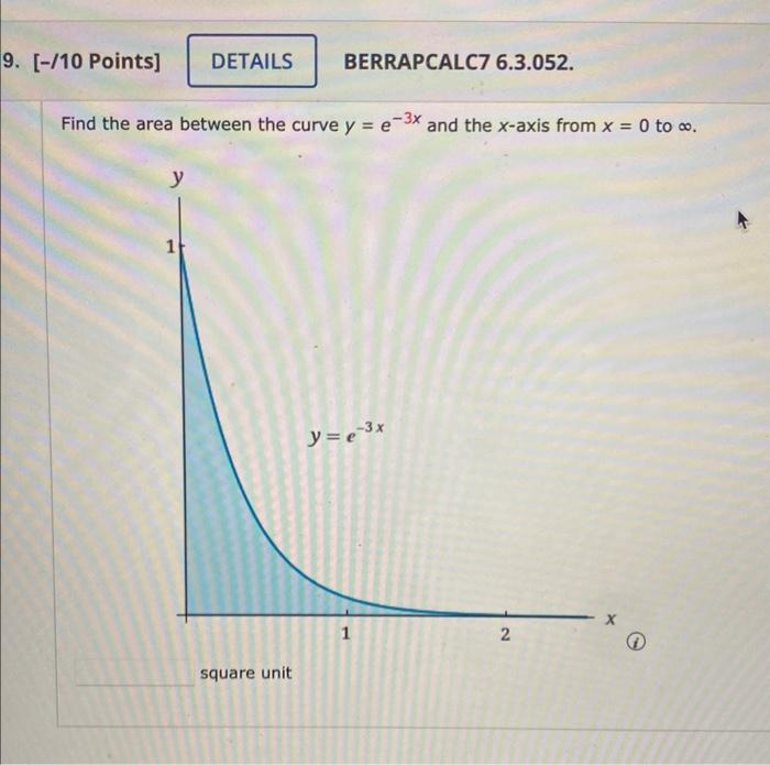 Solved Find the area between the curve y=e−3x and the x-axis | Chegg.com