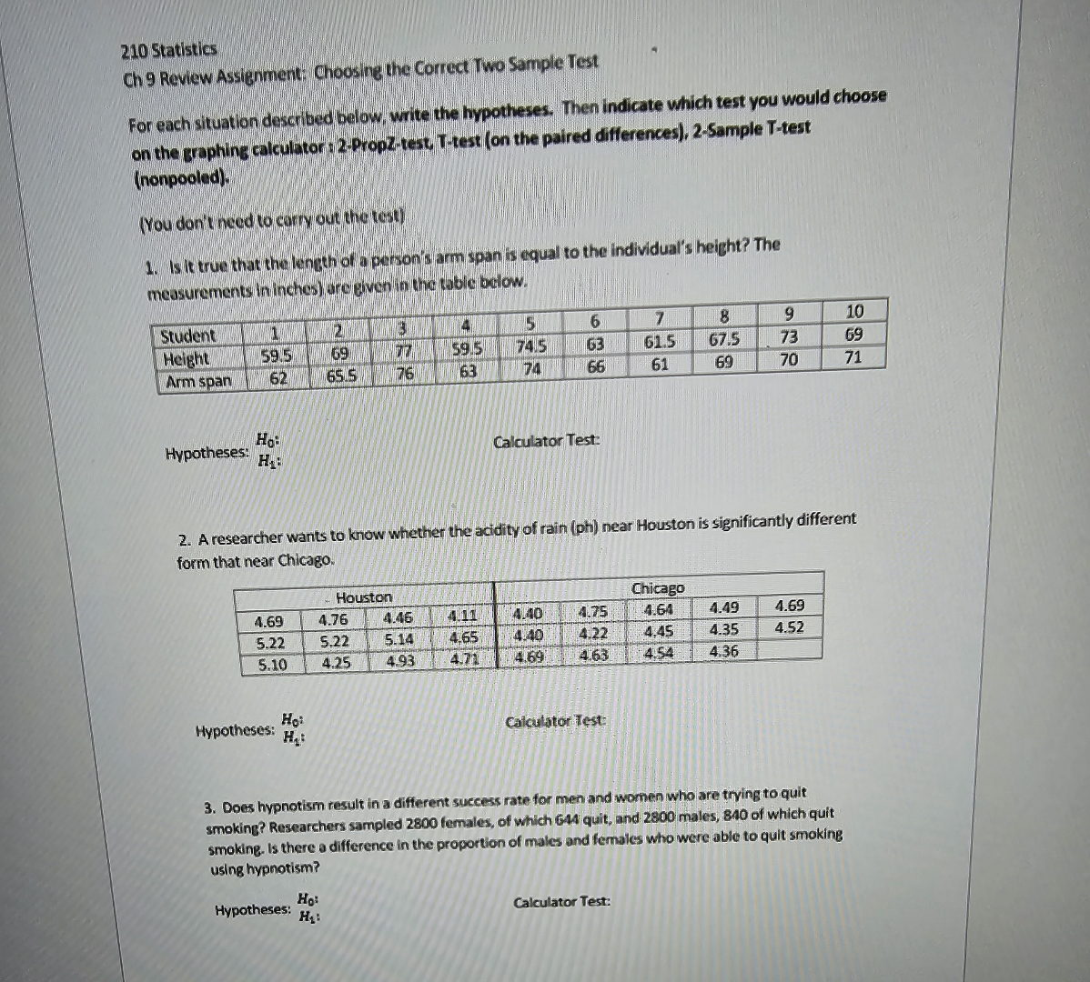 Solved 210 ﻿StatisticsCh 9 ﻿Review Assignment: Choosing the | Chegg.com