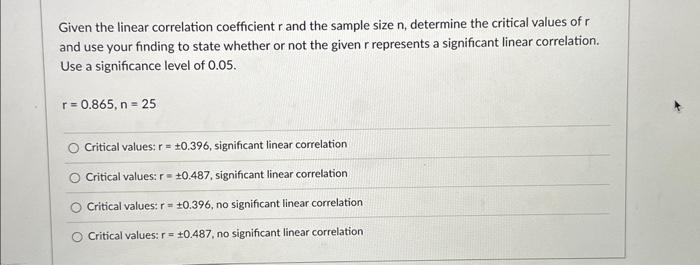 Solved Given the linear correlation coefficient r and the | Chegg.com