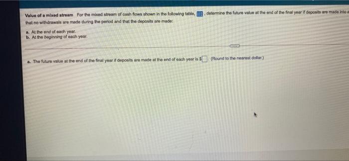 Solved Value of a mixed stream for the mixed stream of cash | Chegg.com