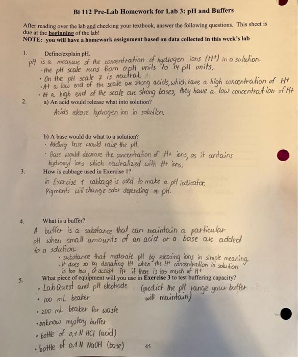 Bi 112 Pre-Lab Homework for Lab 3: pH and Buffers | Chegg.com