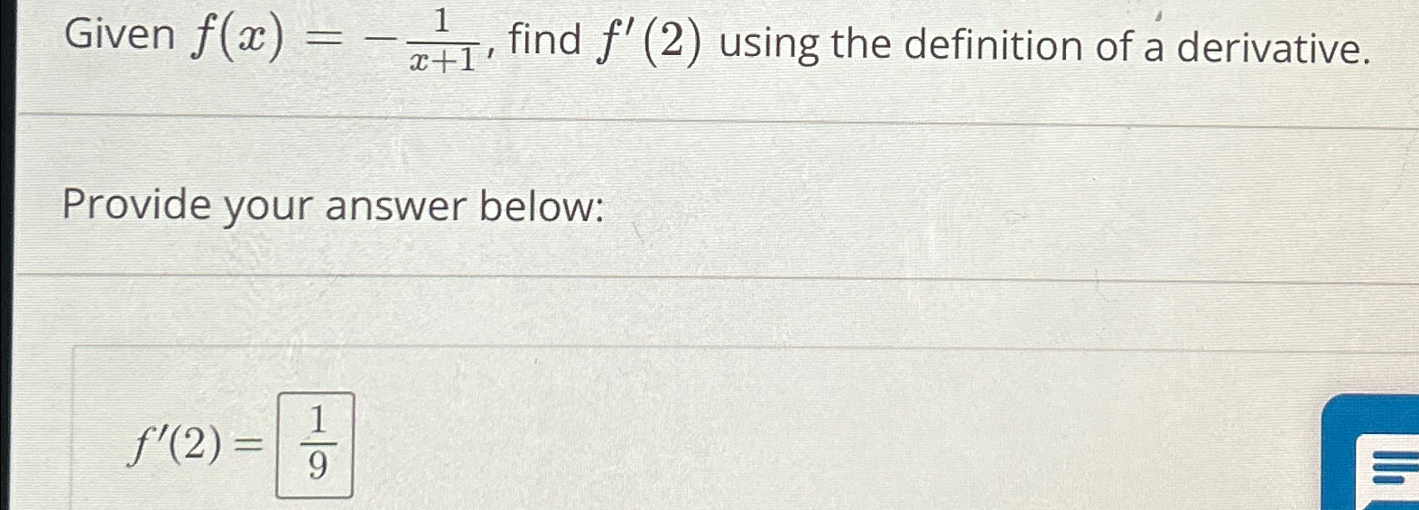 Solved Given f(x)=-1x+1, ﻿find f'(2) ﻿using the definition | Chegg.com