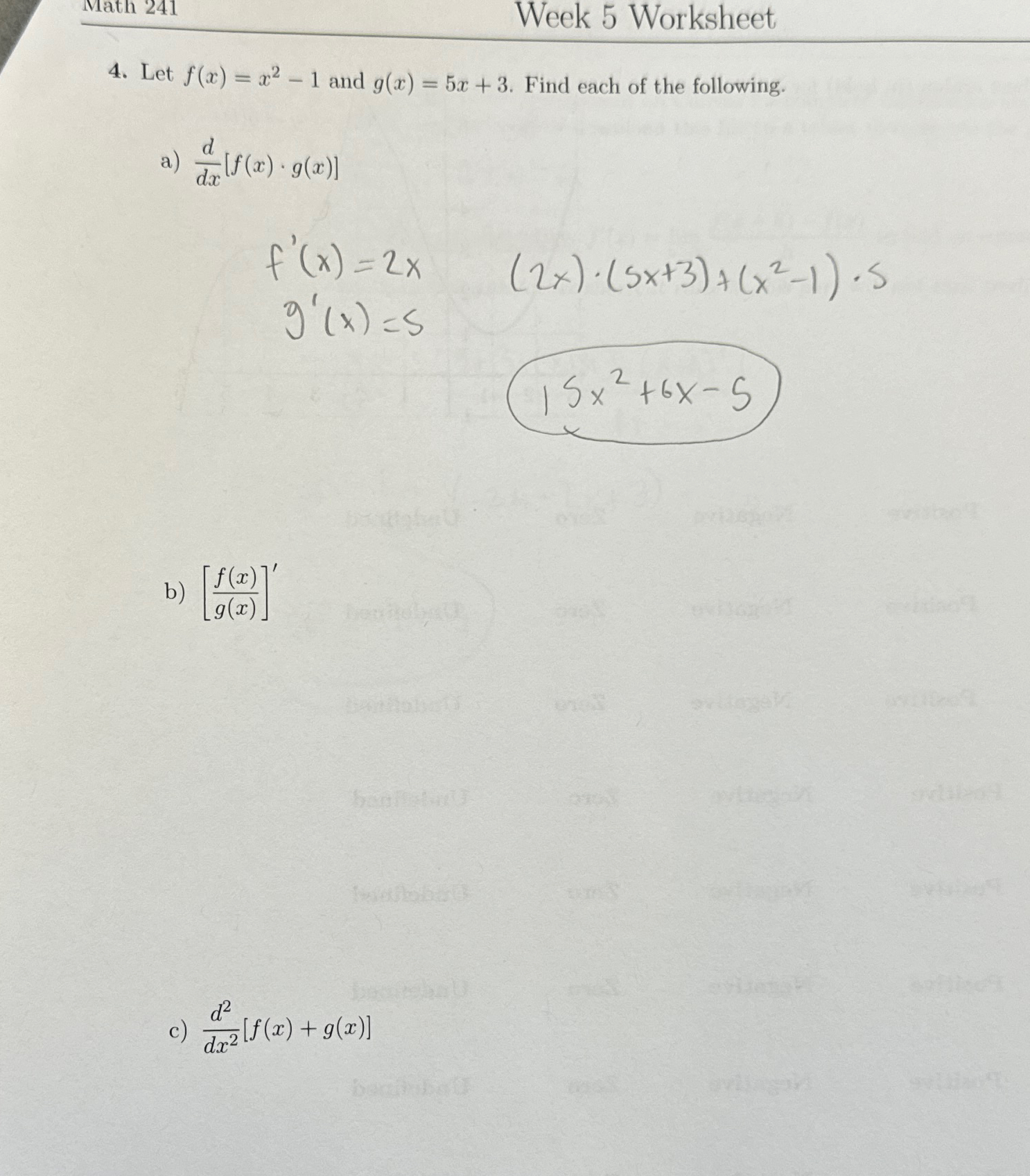 Solved Week 5 ﻿Worksheet4. ﻿Let f(x)=x2-1 ﻿and g(x)=5x+3. | Chegg.com