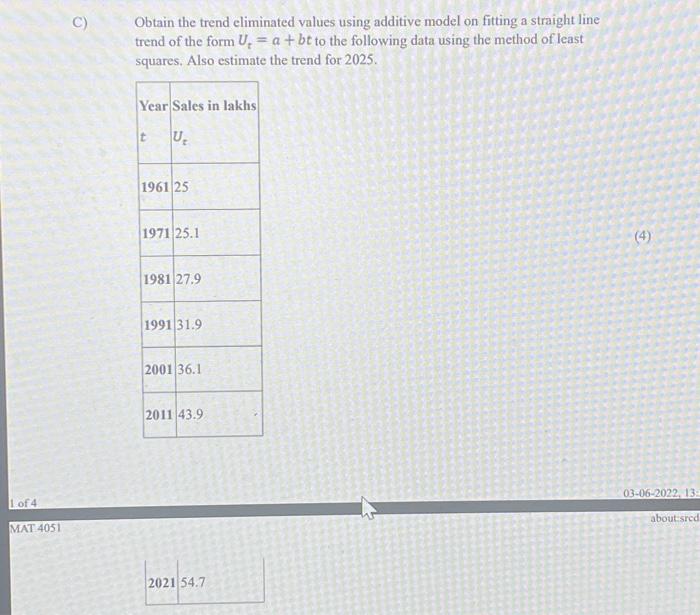 Solved Obtain the trend eliminated values using additive | Chegg.com