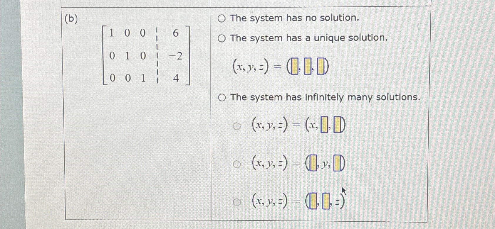 Solved (b)[1006010-20014]The system has no solution.The | Chegg.com