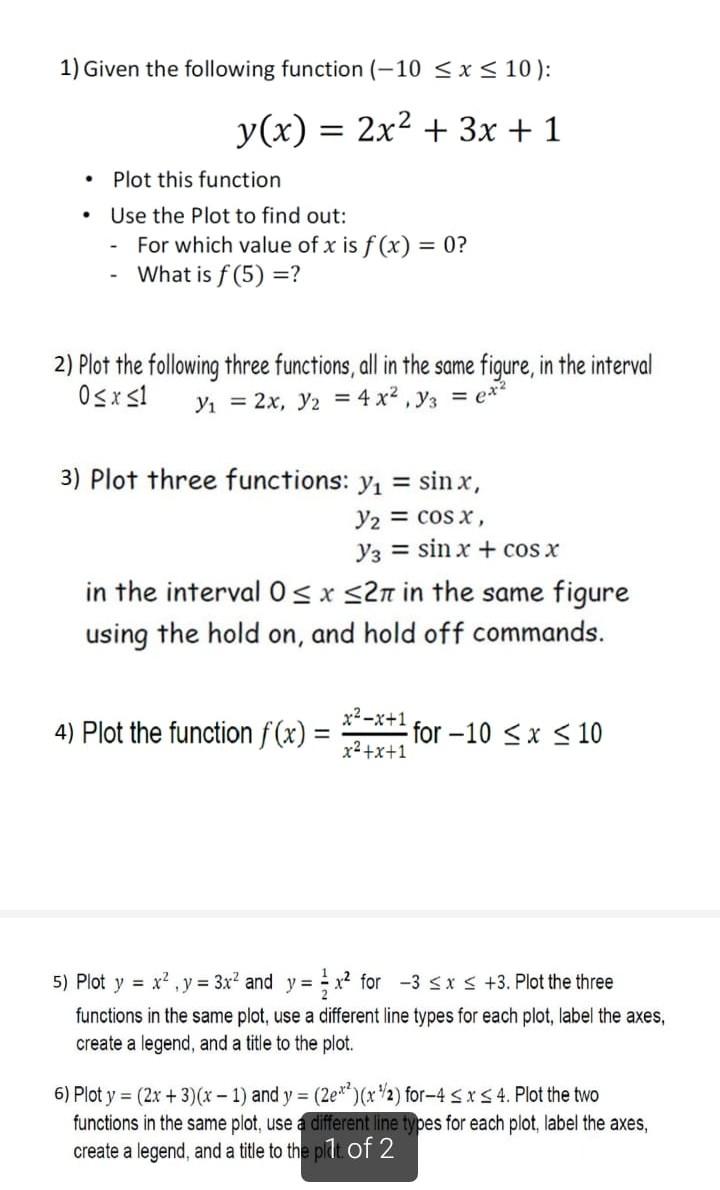 Solved 1) Given the following function (−10≤x≤10) : | Chegg.com