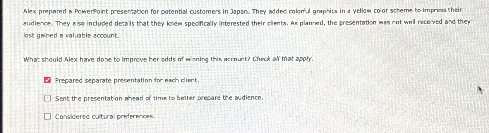 Solved Alex prepared a PowerPoint presentation for potential | Chegg.com