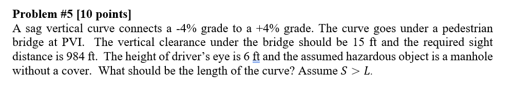 Solved Problem #5 [10 ﻿points]A sag vertical curve connects | Chegg.com