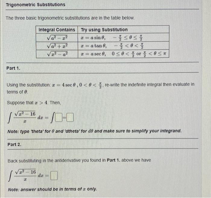 Solved Trigonometric Substitutions The three basic | Chegg.com