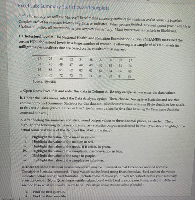 Solved Excel Lab Summary Statistics And Boxplots In This 