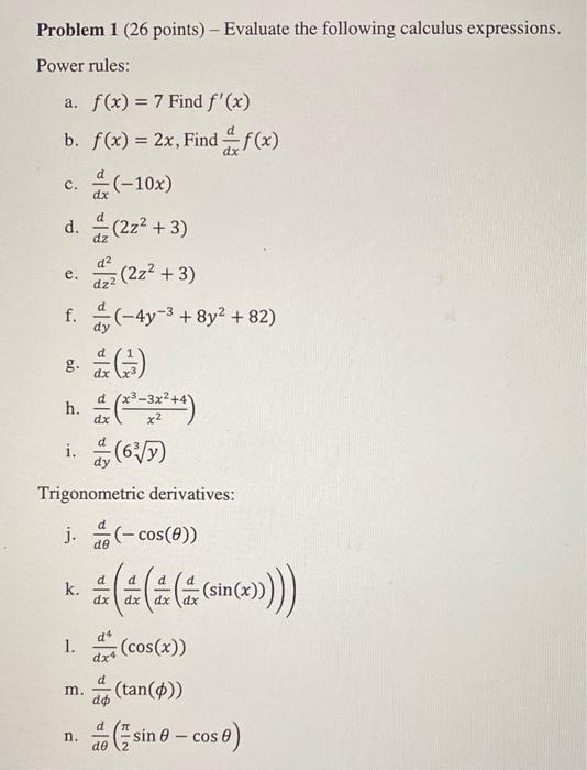 Solved Problem 1 (26 points) - Evaluate the following | Chegg.com