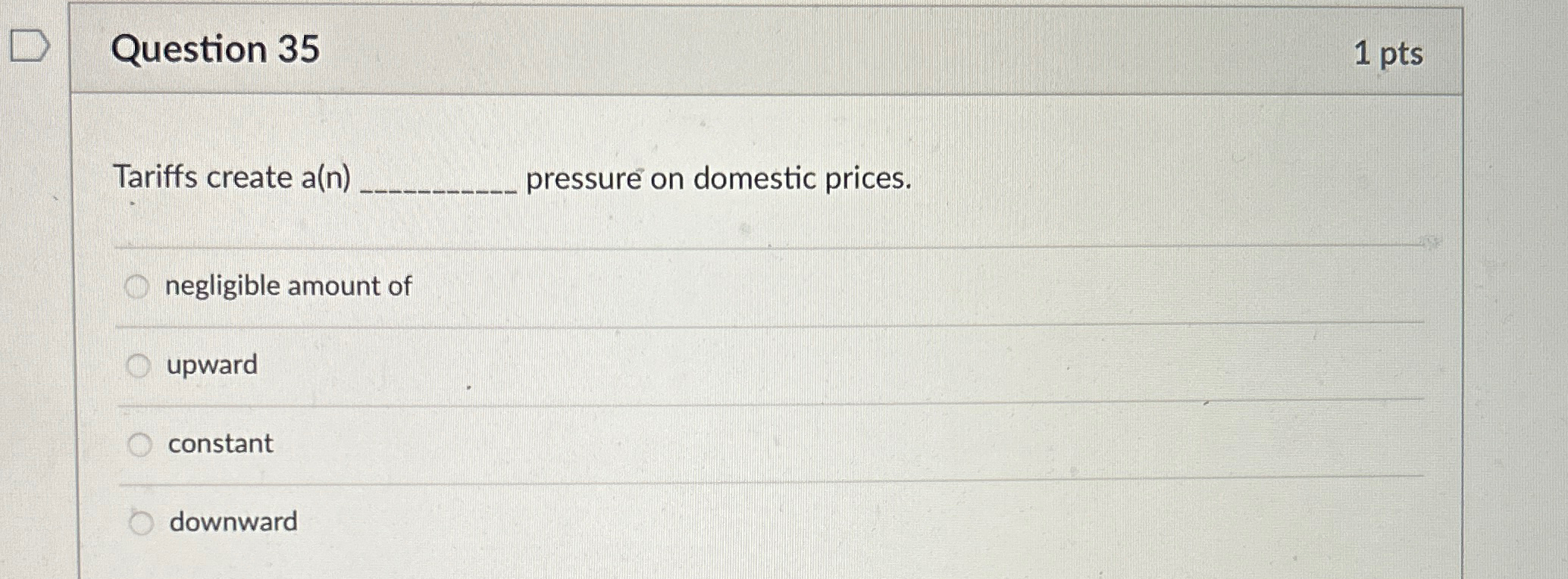 Solved Question 351 ﻿ptsTariffs create a(n) ﻿pressure on | Chegg.com
