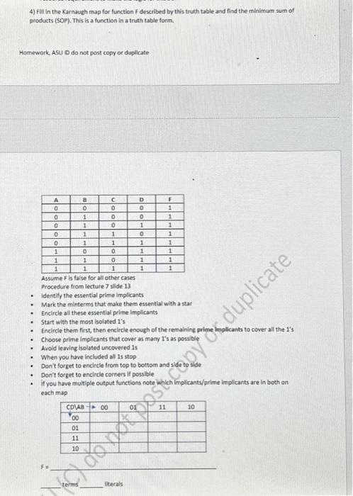 Solved 4) Fill in the Karnaugh map for function F described | Chegg.com