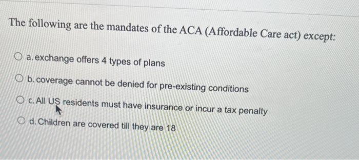 Solved The following are the mandates of the ACA (Affordable | Chegg.com
