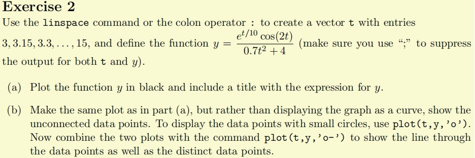 Solved Exercise 2Use the linspace command or the colon | Chegg.com