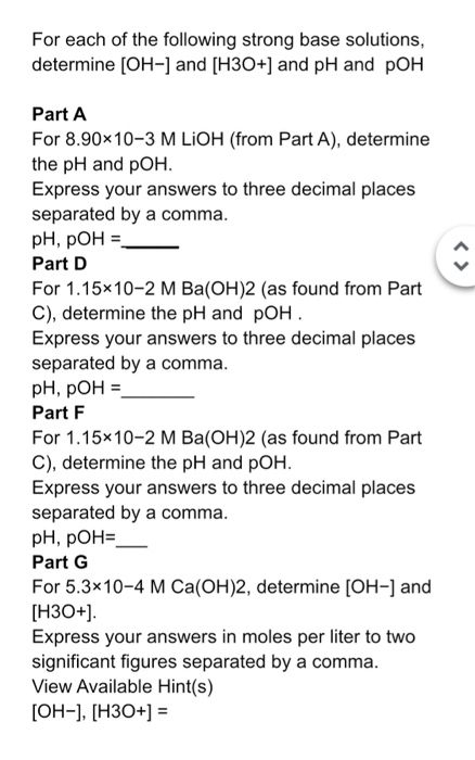 Solved For each of the following strong base solutions, | Chegg.com