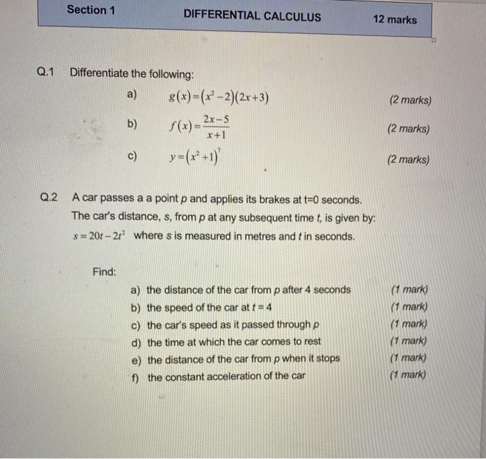 Solved Section 1 DIFFERENTIAL CALCULUS 12 marks Q.1 (2 | Chegg.com