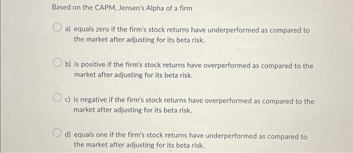 Based on the CAPM, Jensen's Alpha of a firm a) equals | Chegg.com