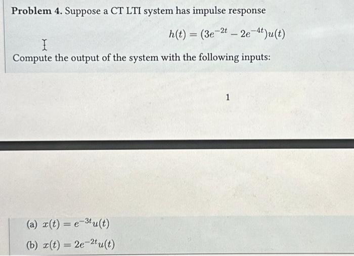 Solved Problem 4. Suppose a CT LTI system has impulse | Chegg.com