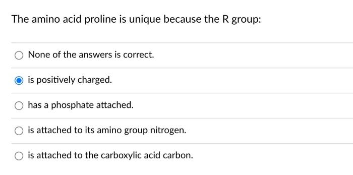 Solved The amino acid proline is unique because the R group: | Chegg.com