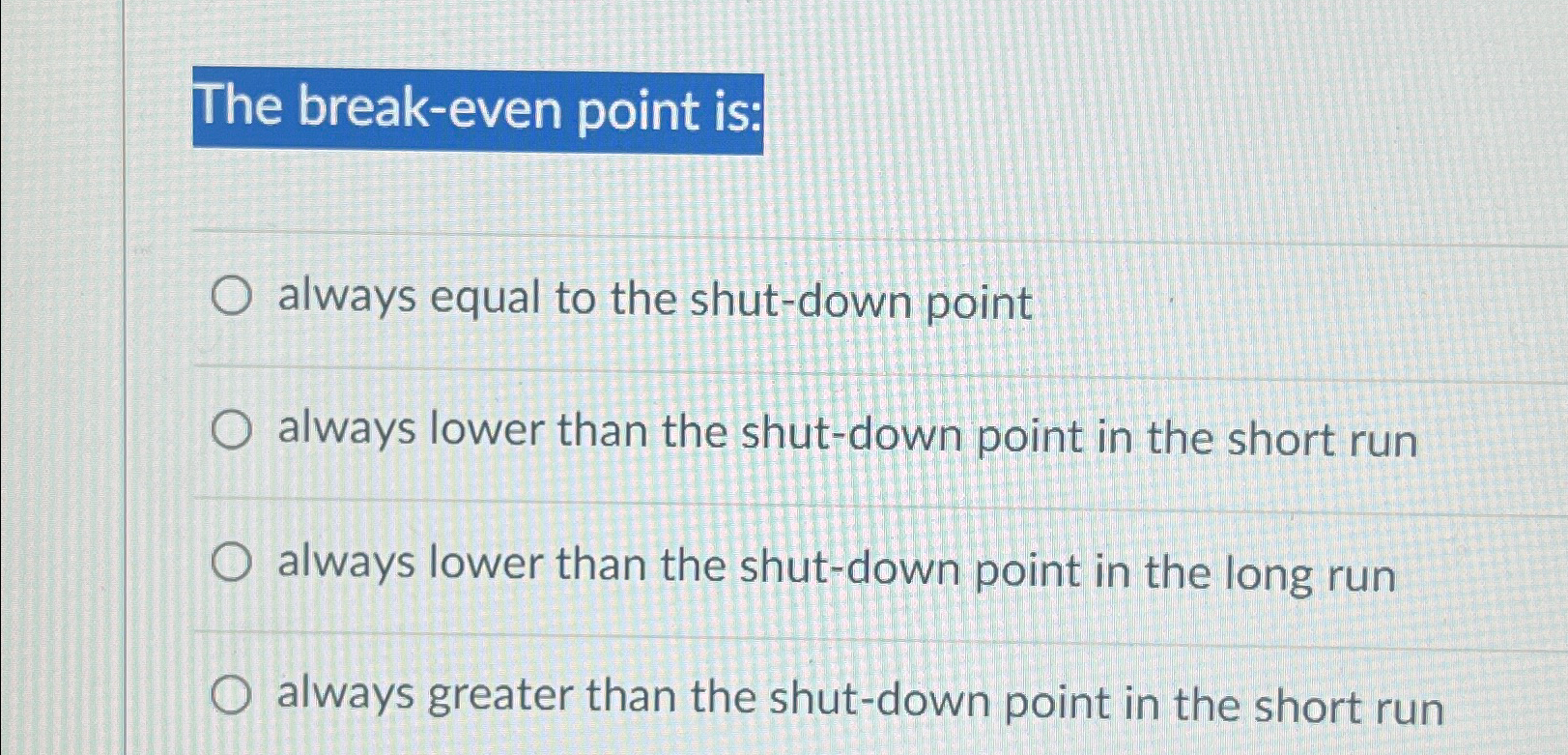 Solved The break-even point is:always equal to the shut-down | Chegg.com