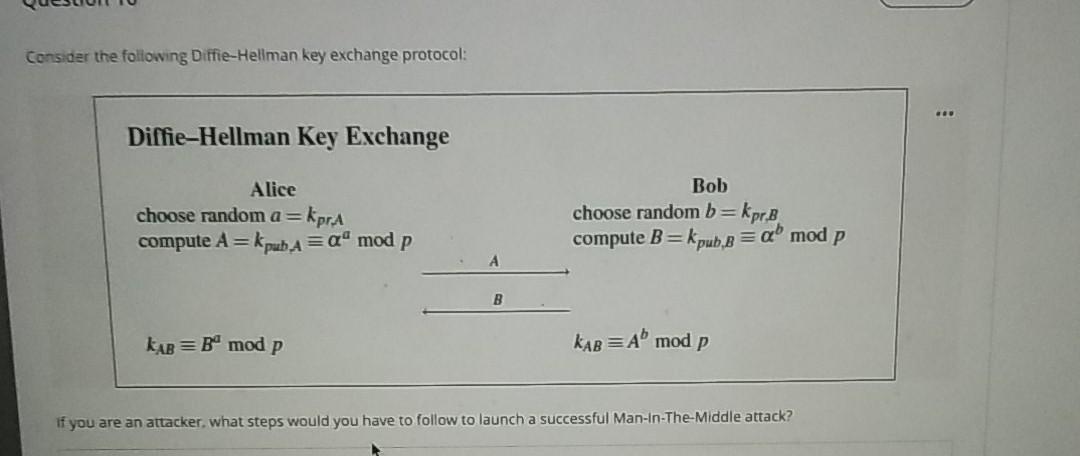 Solved Consider the following Diffie-Hellman key exchange | Chegg.com Solved Consider the following Diffie-Hellman key exchange | Chegg.com