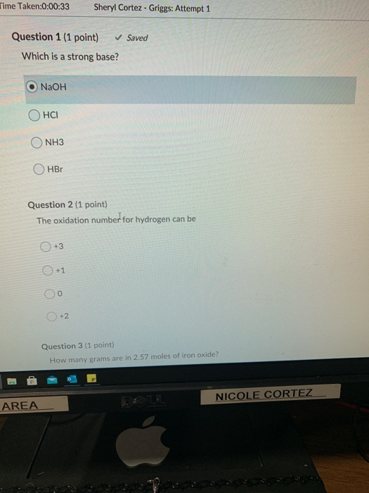Solved Time Taken:0:00:33 Sheryl Cortez - Griggs: Attempt 1 | Chegg.com