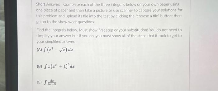 Solved Short Answer: Complete each of the three integrals | Chegg.com