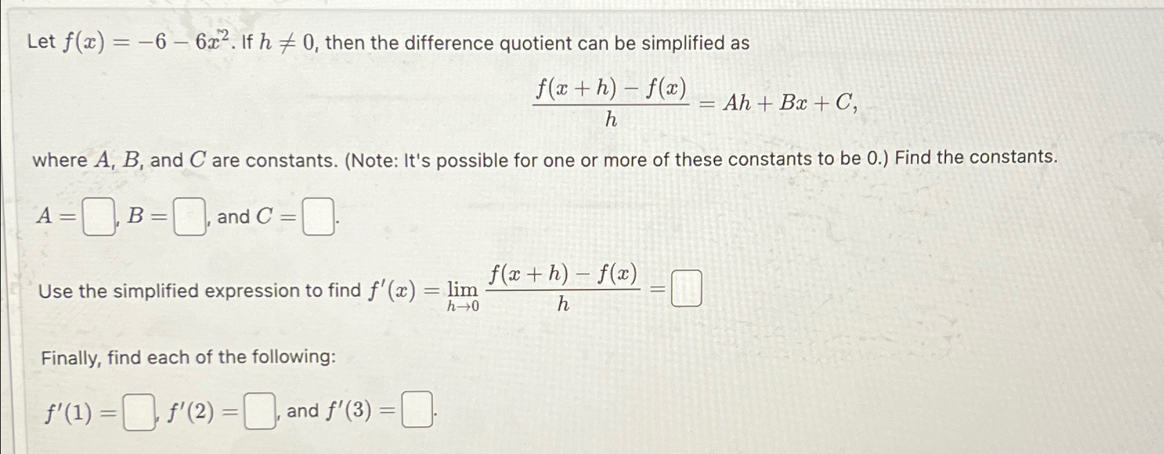 Solved Let f(x)=-6-6x2. ﻿If h≠0, ﻿then the difference | Chegg.com