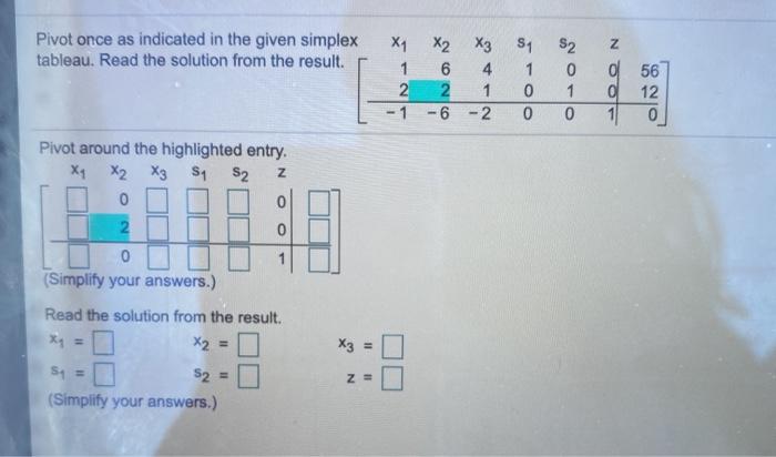 Solved Pivot once as indicated in the given simplex tableau. | Chegg.com