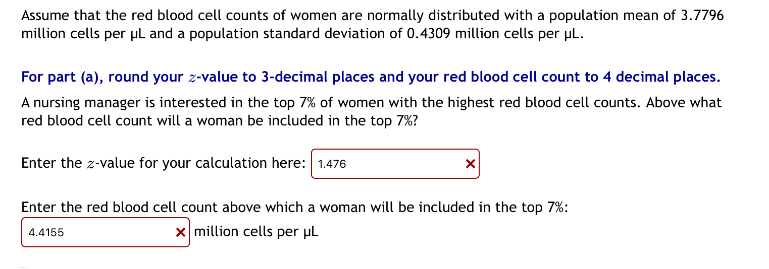 Solved Assume that the red blood cell counts of women are | Chegg.com