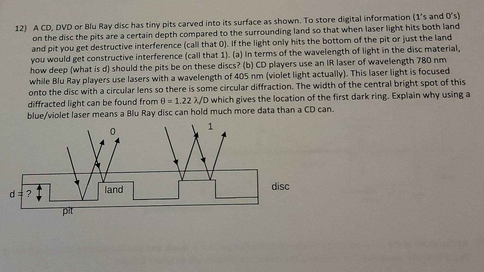 Solved 12) A CD, DVD or Blu Ray disc has tiny pits carved | Chegg.com