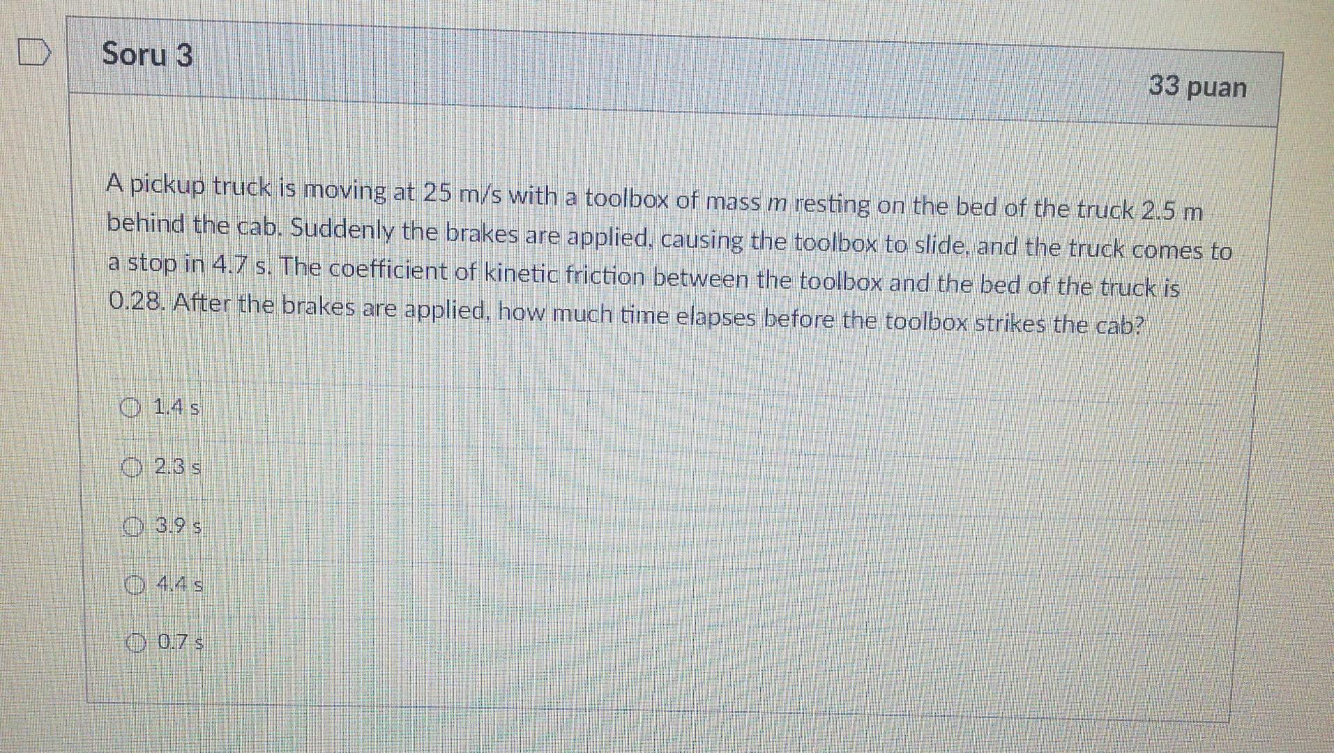 Solved A pickup truck is moving at 25 m/s with a toolbox of | Chegg.com