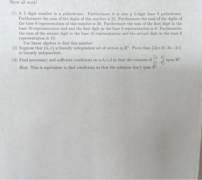 Solved (1) A 5 digit number is a palindrome. Furthermore it | Chegg.com