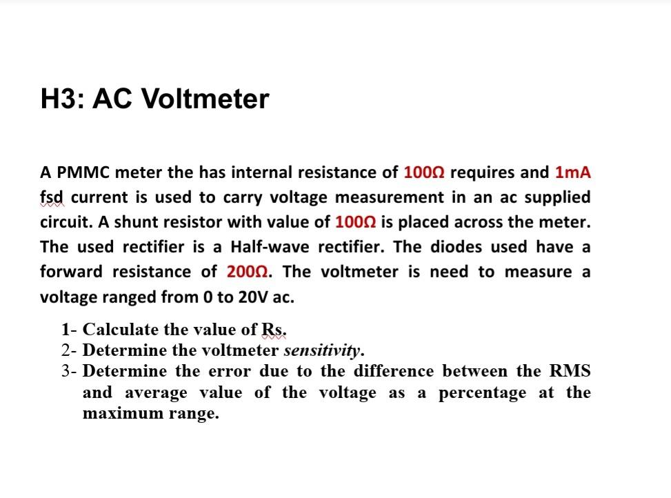 Solved H3: AC Voltmeter A PMMC meter the has internal | Chegg.com