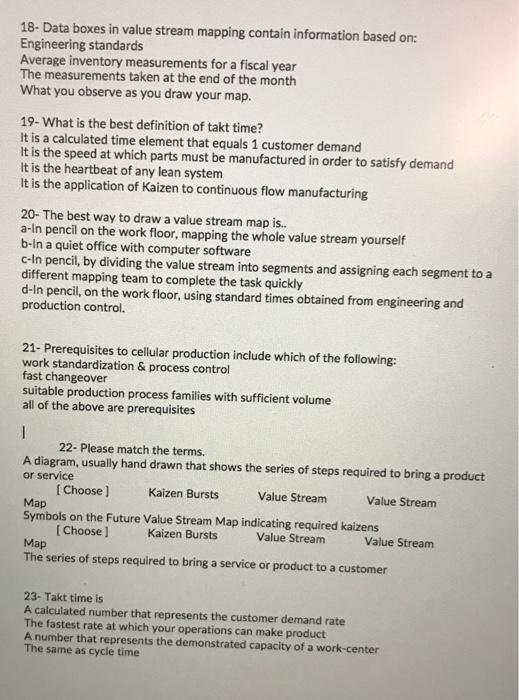 Solved 18. Data boxes in value stream mapping contain | Chegg.com