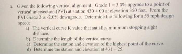 Solved 4. Given the following vertical alignment Grade 1 - | Chegg.com