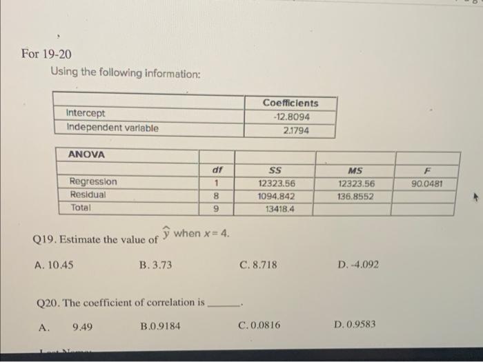 Solved For 19-20 Using the following information: Intercept | Chegg.com