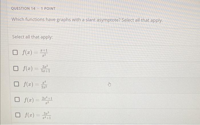 Solved Which functions have graphs with a slant asymptote? | Chegg.com
