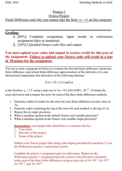 Solved EML 3034 Modeling Methods in MAE Project 1 Octave | Chegg.com