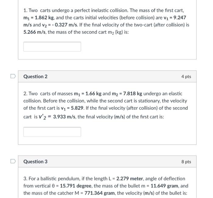 Solved 1. Two carts undergo a perfect inelastic collision. | Chegg.com