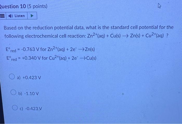 Solved Based on the reduction potential data, what is the | Chegg.com