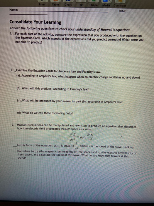 Name: Student Activity 3 Maxwell's Equations | Chegg.com