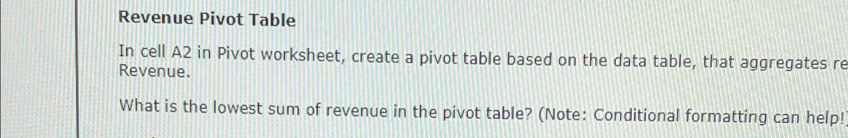 Solved Revenue Pivot TableIn cell A2 ﻿in Pivot worksheet, | Chegg.com