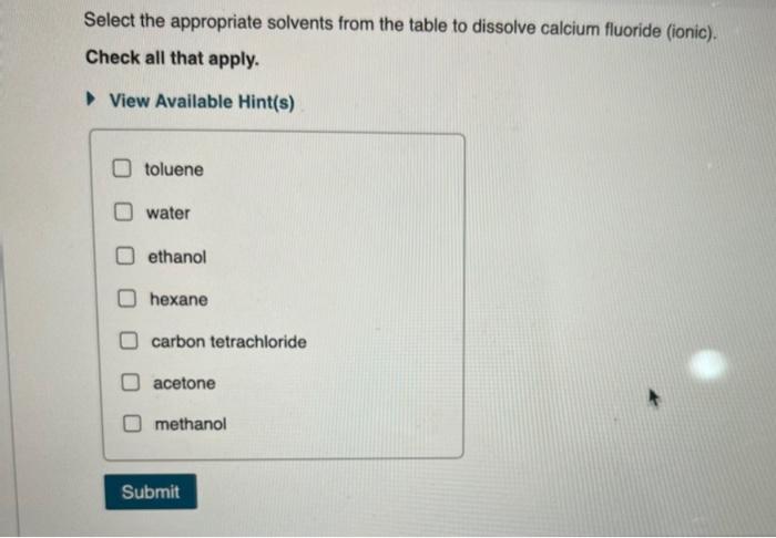 Solved Select the appropriate solvents from the table to | Chegg.com