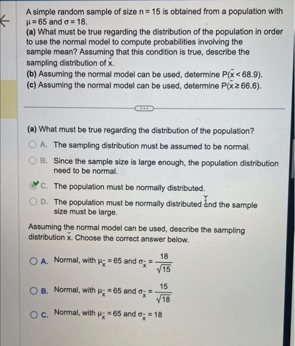 Solved A simple random sample of size n=15 is obtained from | Chegg.com
