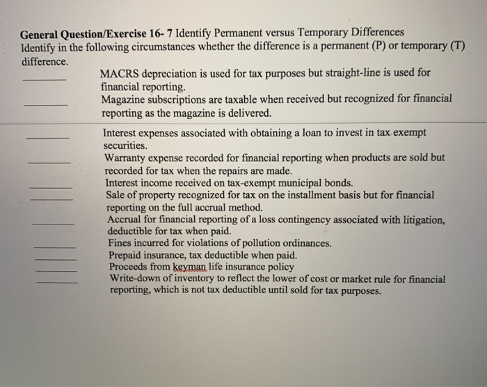 Solved General Question/Exercise 16-7 Identify Permanent | Chegg.com